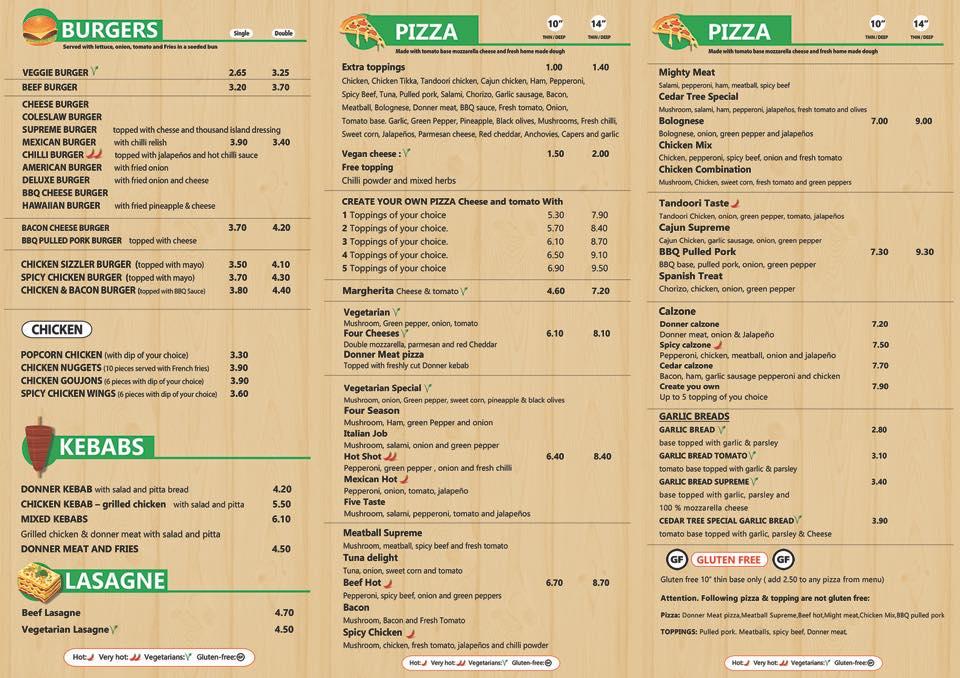 Menu at The Cedar Tree fast food, Shipley