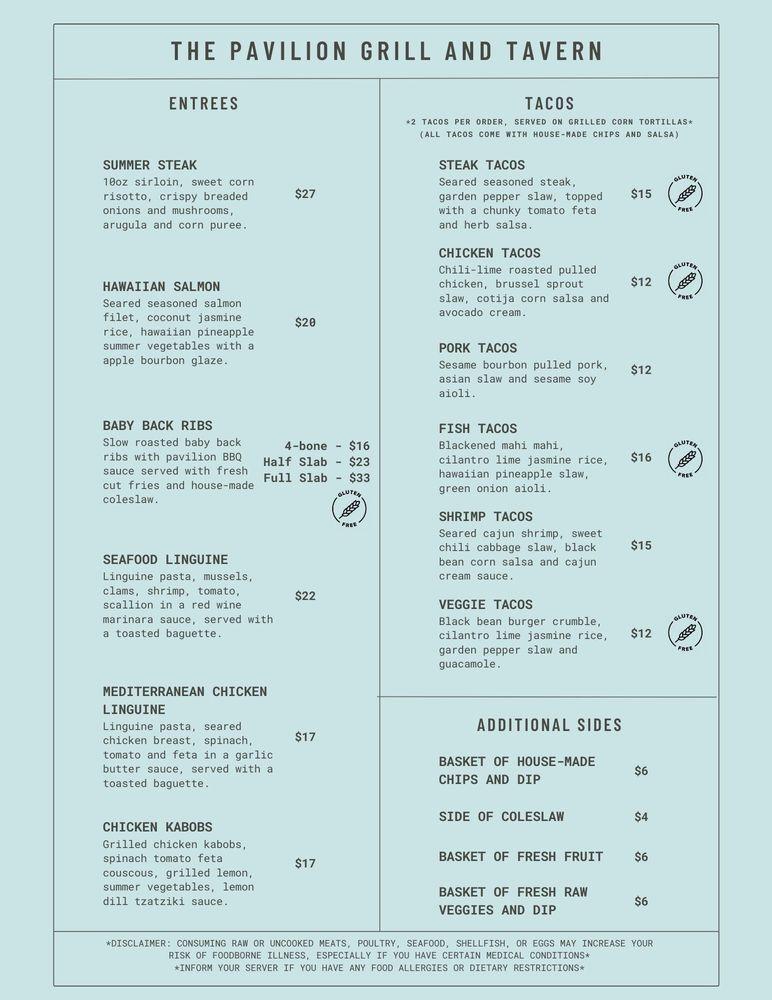 Menu at The Pavilion Grill restaurant, Vermilion