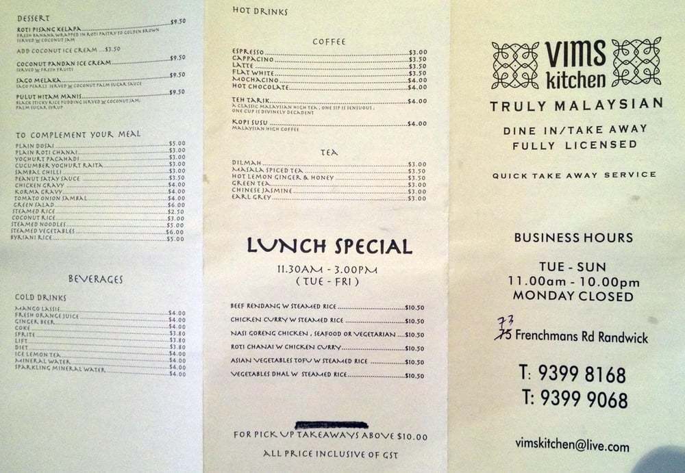 Menu at Vim's Kitchen restaurant, Randwick