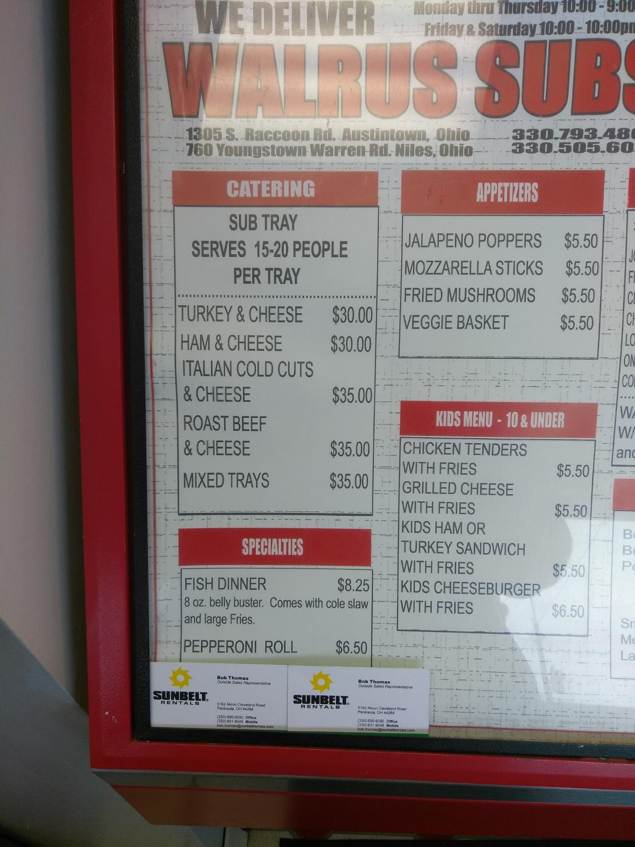 Menu at Walrus Subs restaurant, Youngstown