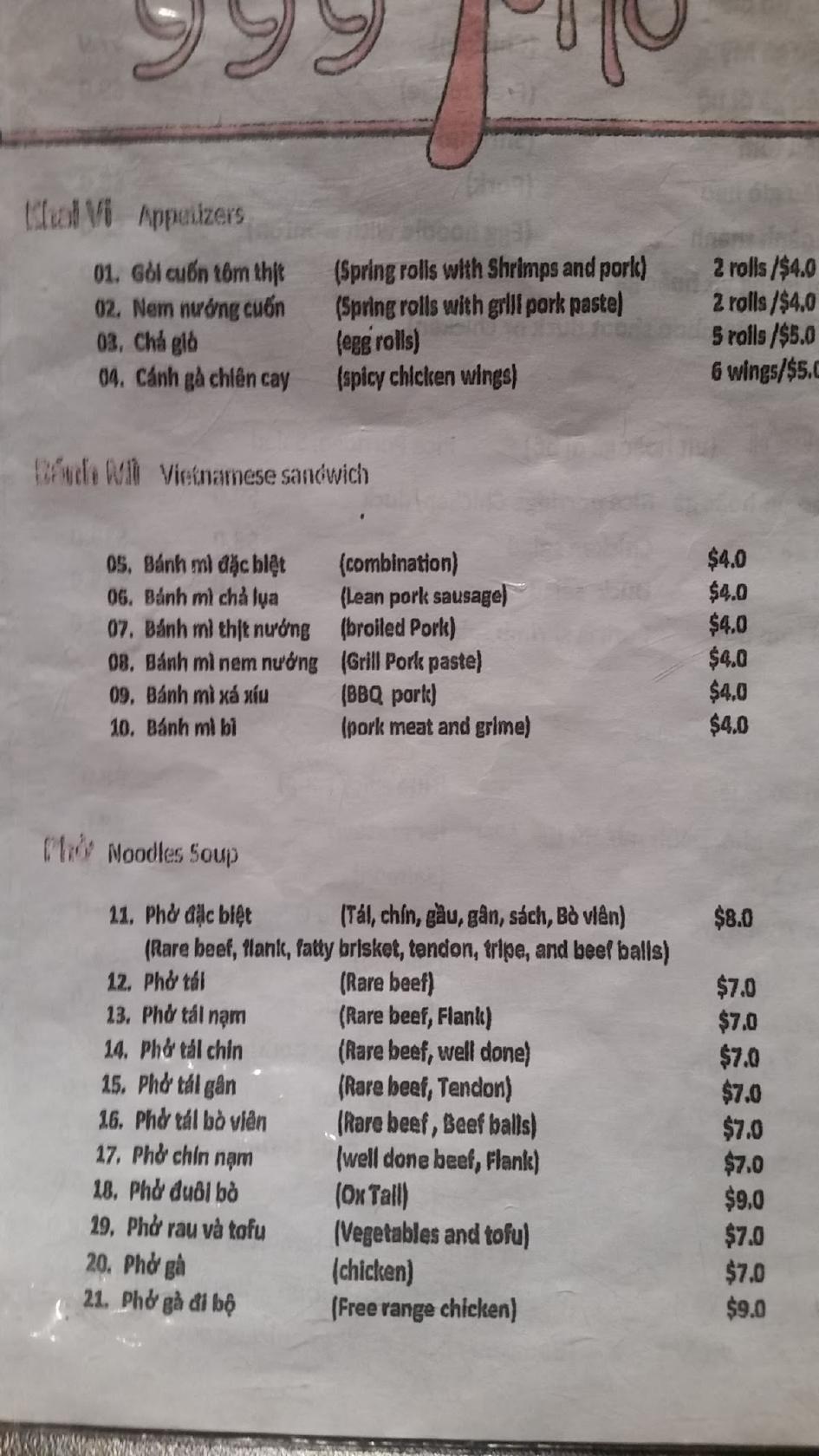 Menu at 999 Phở restaurant, Reno, Kietzke Ln