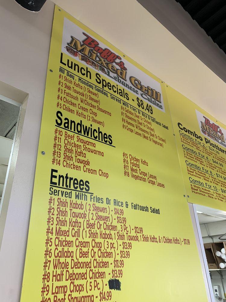 Menu at Boff's Middle Eastern Cuisine restaurant, Warren