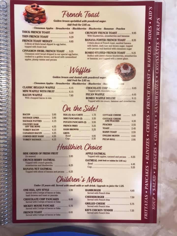 Menu at Cafe Romeo, Romeoville