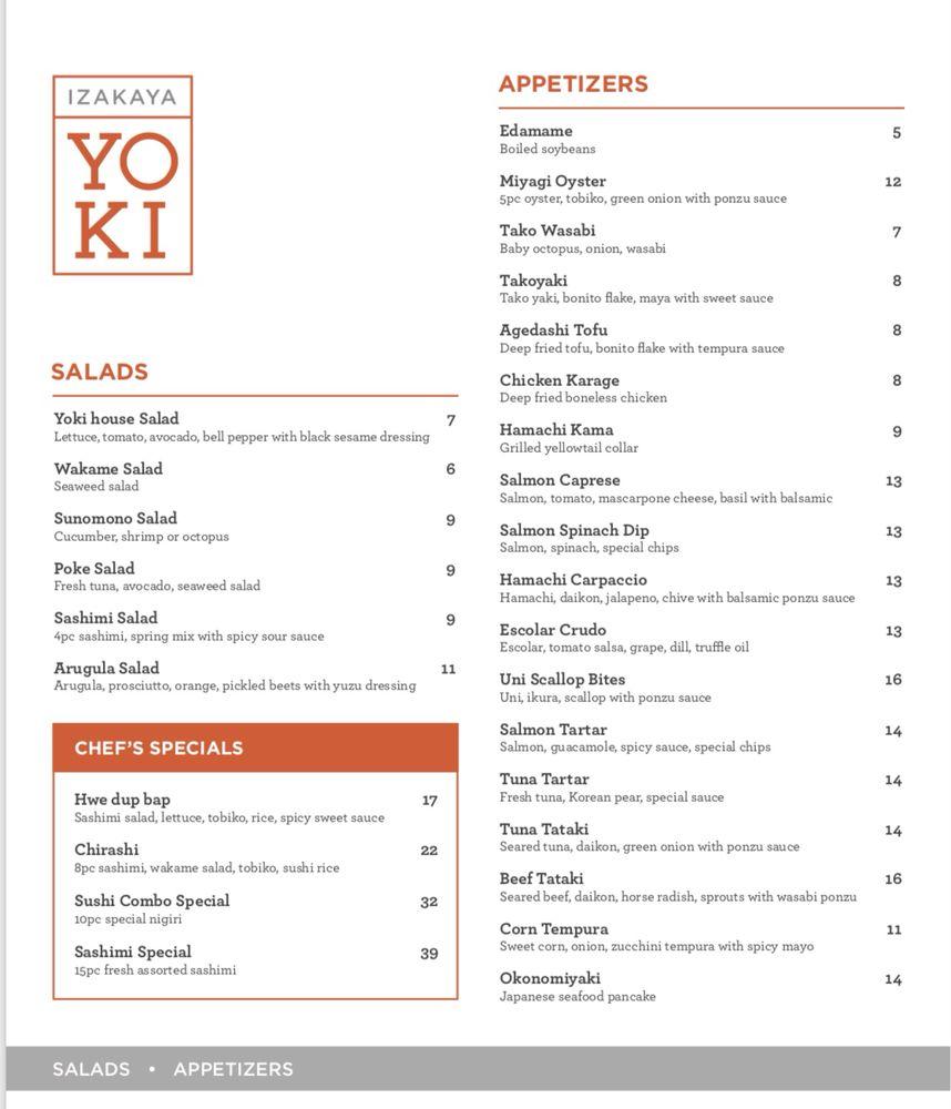 Menu at Izakaya Yoki restaurant, San Francisco