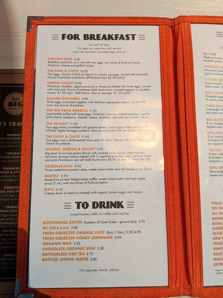 Menu at Matt's Big Breakfast restaurant, Tempe