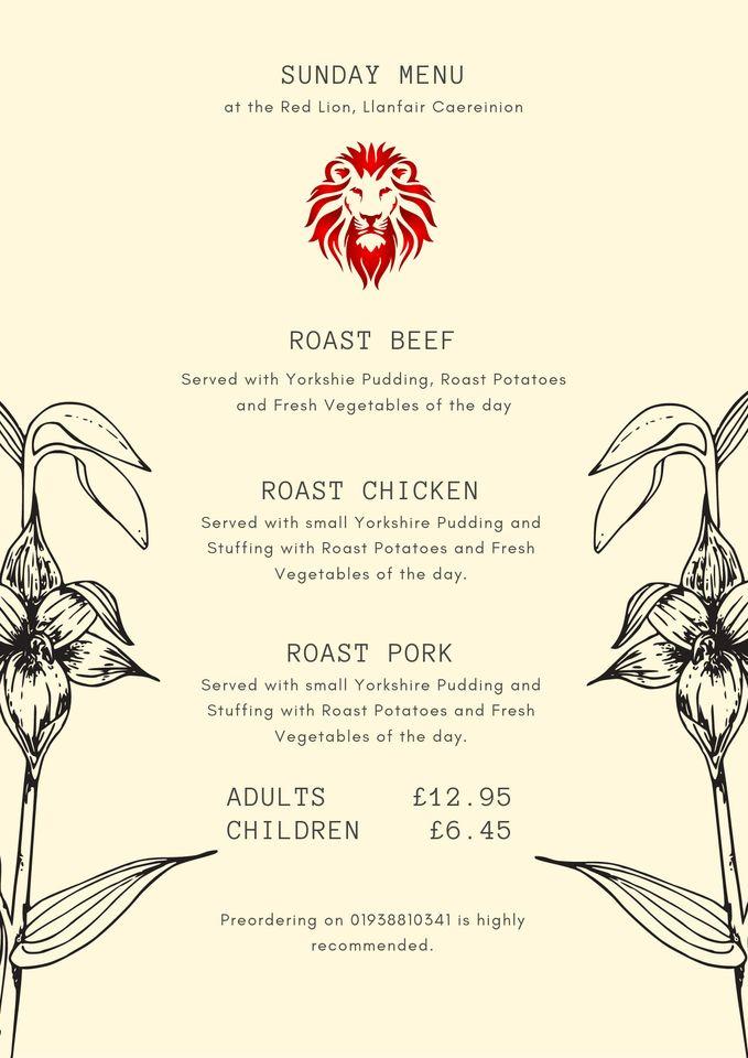 Menu at The Red Lion pub & bar, Llanfair Caereinion