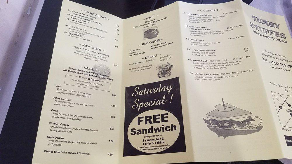 Menu at Tummy Stuffer restaurant, Costa Mesa, 270 Bristol St
