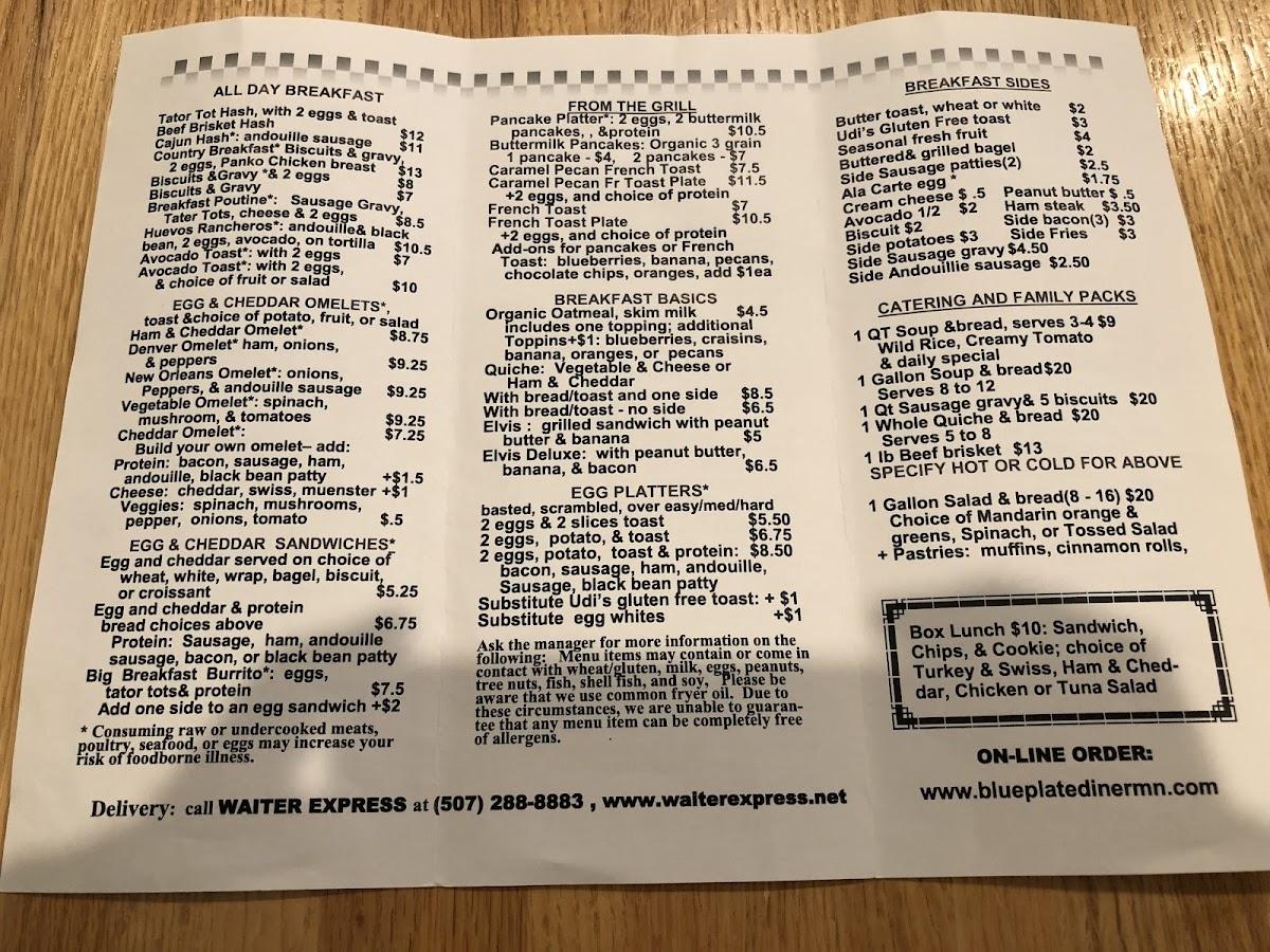 Menu at Blue Plate Diner restaurant, Rochester