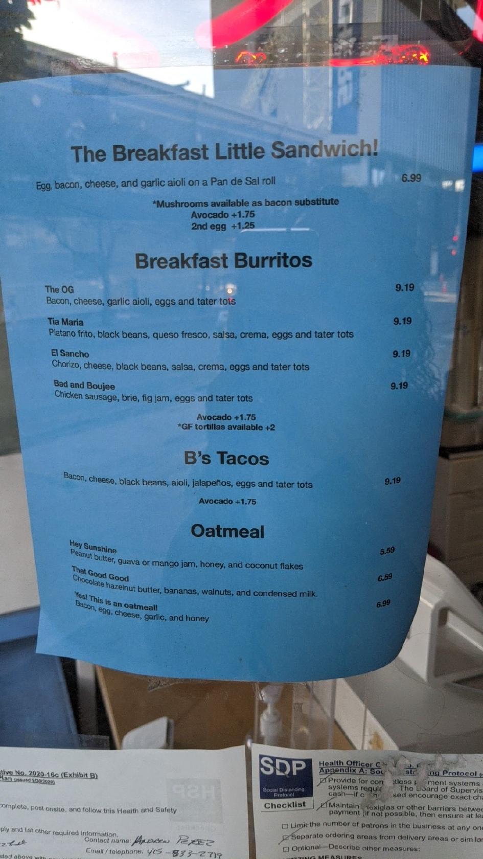 Menu at Breakfast Little cafe, San Francisco