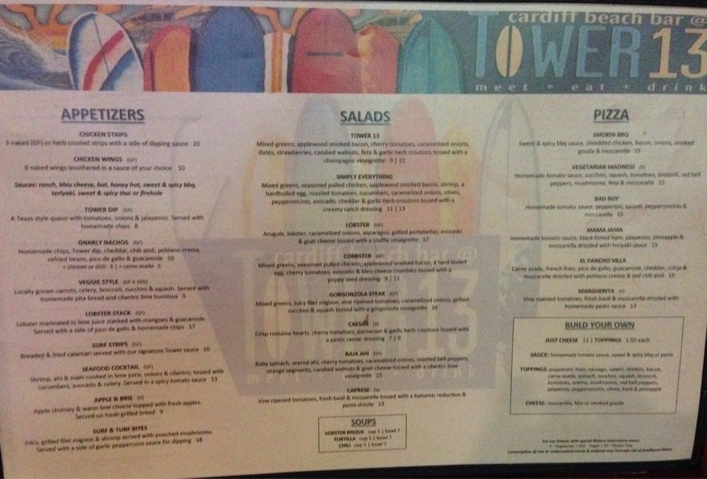 Menu at Cardiff Beach Bar @ Tower 13, Encinitas
