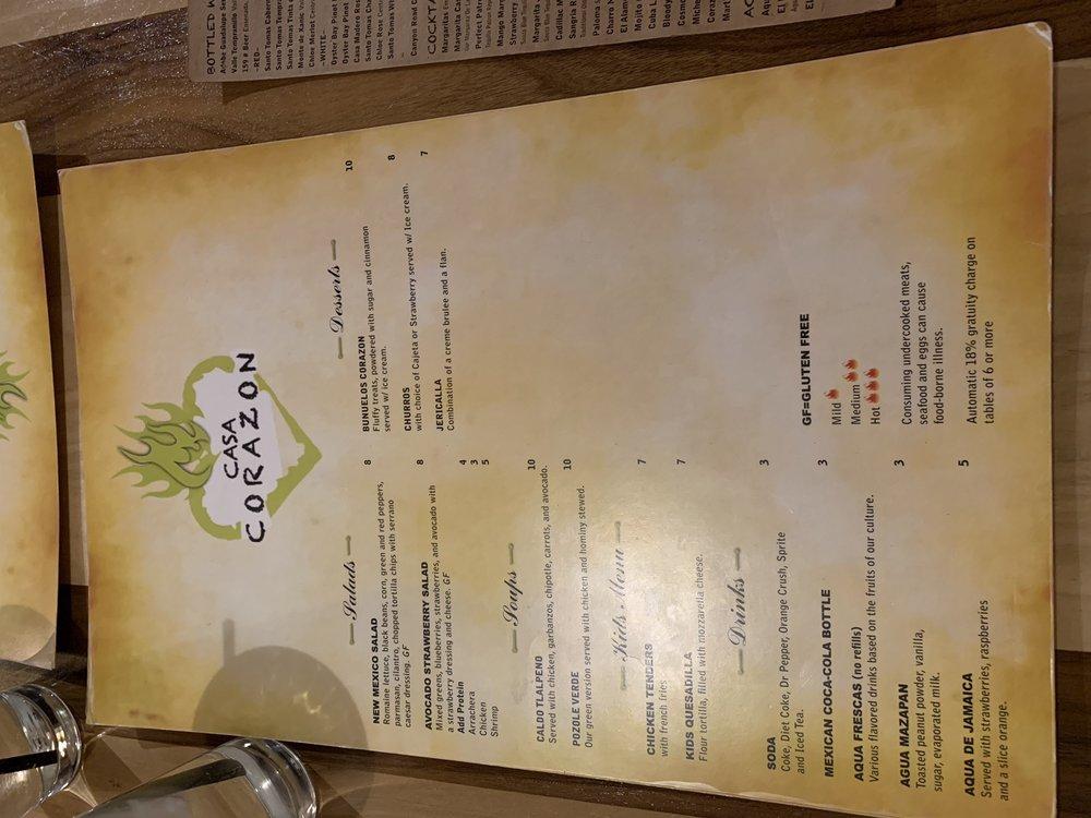 Menu at Casa Corazon Restaurant, Phoenix