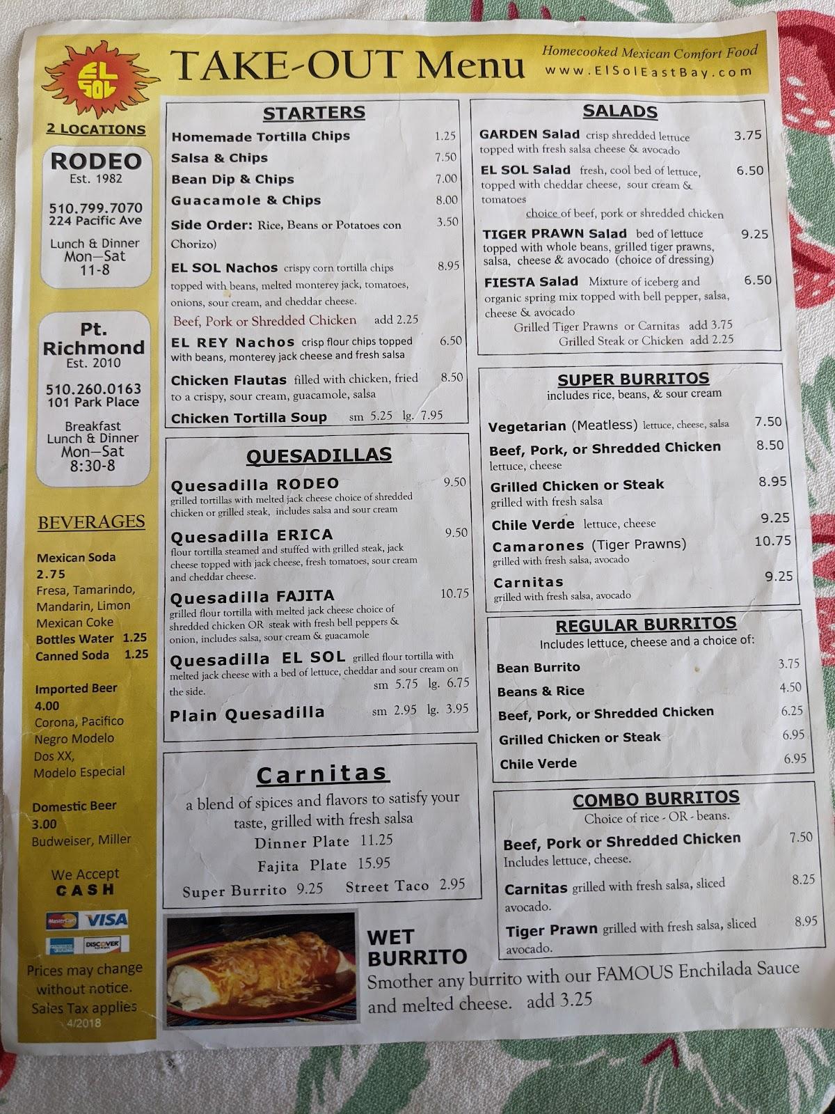 Menu at El Sol Restaurant & Catering, Rodeo