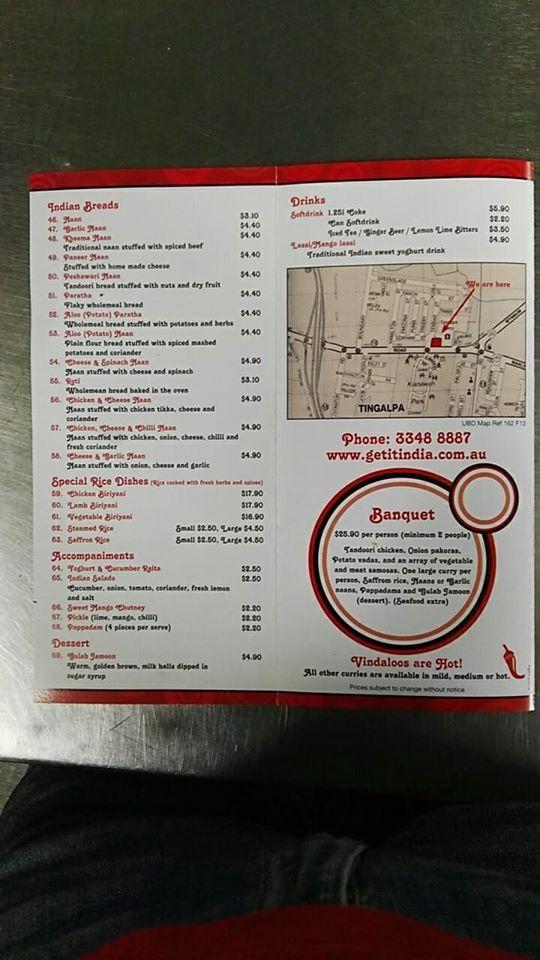 Menu at Get It India fast food, Tingalpa, Wynnum Rd