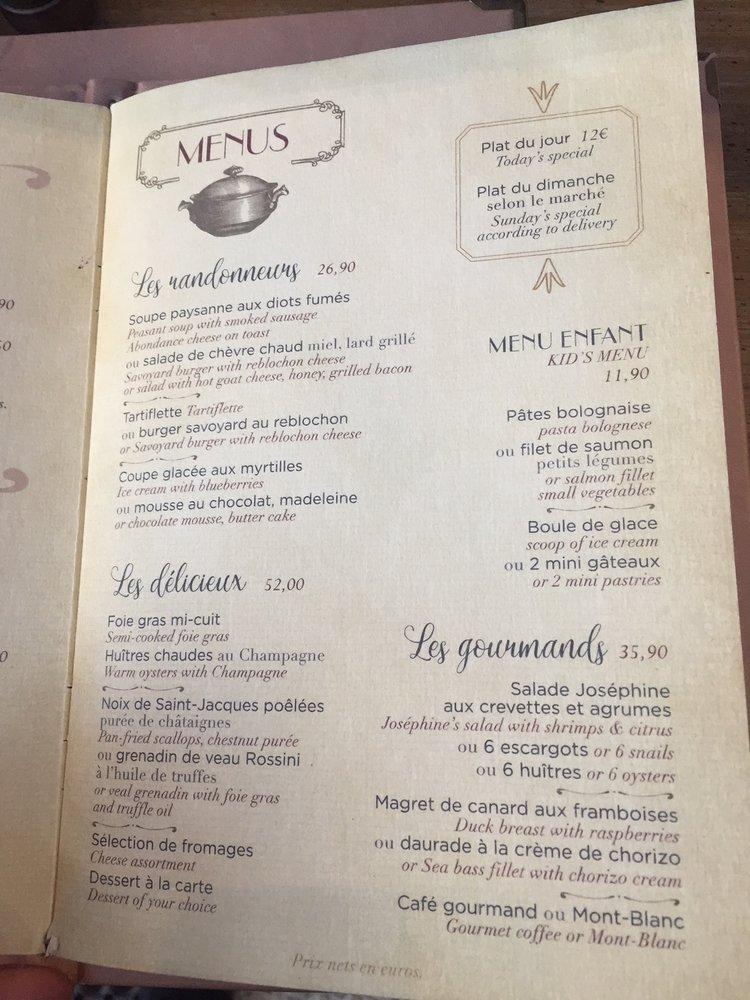 Menu au Restaurant Joséphine, Chamonix-Mont-Blanc