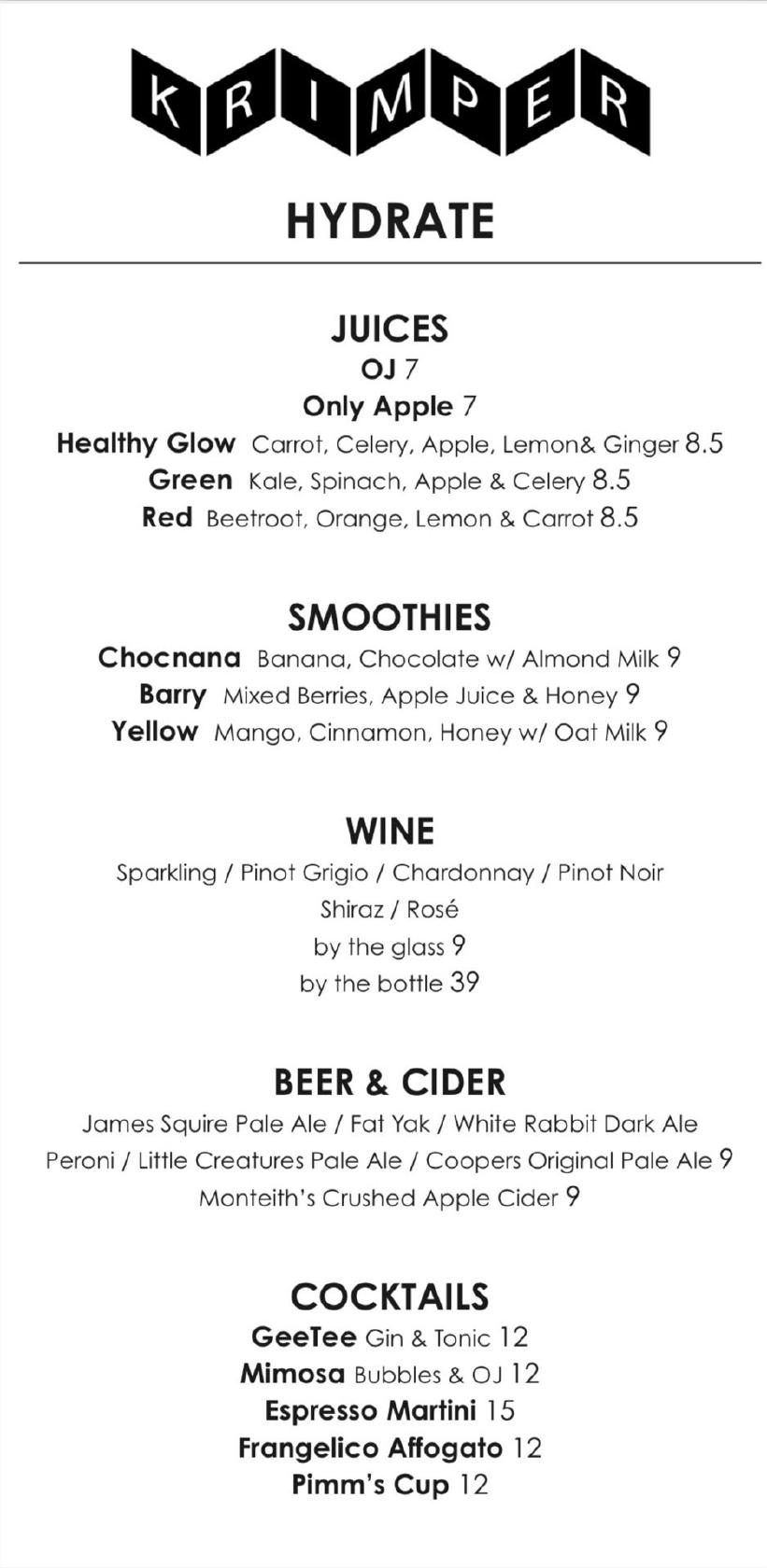 Menu at Krimper Cafe, Melbourne