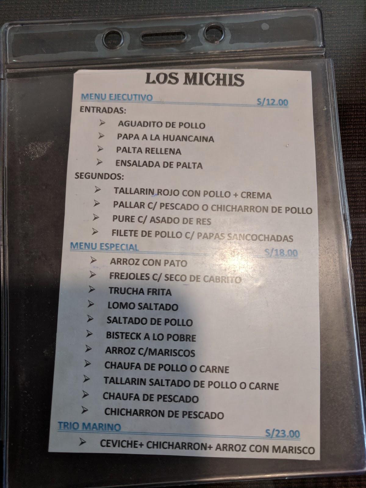 Menu at Los Michis restaurant, Santiago de Surco