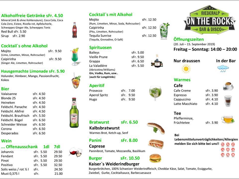 Menu at On The Rocks, Riederalp