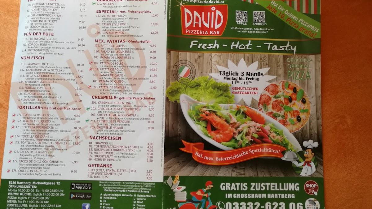 Speisekarte von Pizzeria David, Hartberg, Michaeligasse 12
