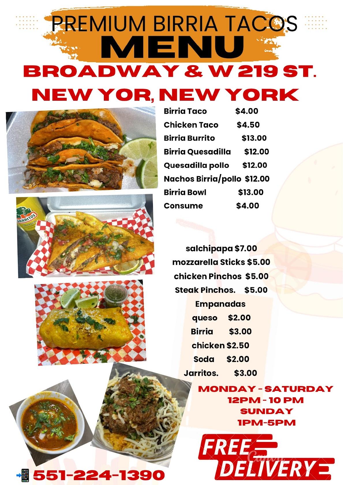 Menu at Premium Birria Tacos restaurant, New York City