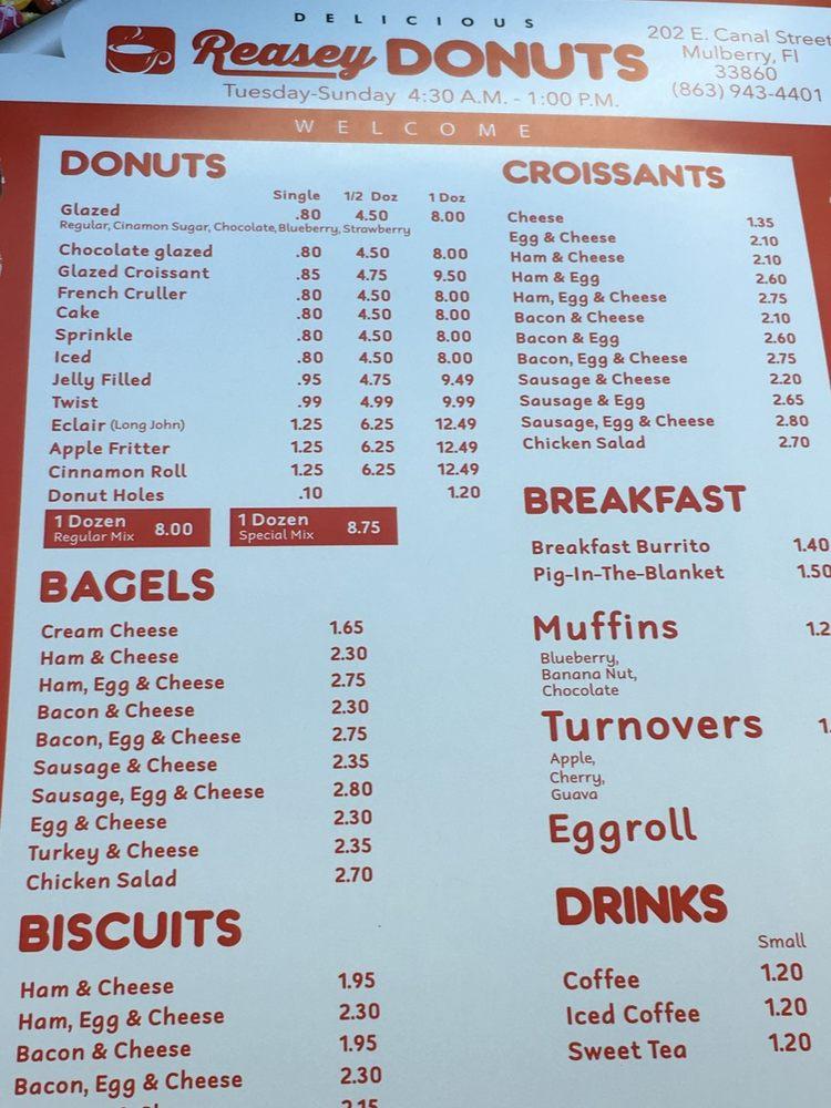Menu at Reasey Donuts, Mulberry, 202 E Canal St