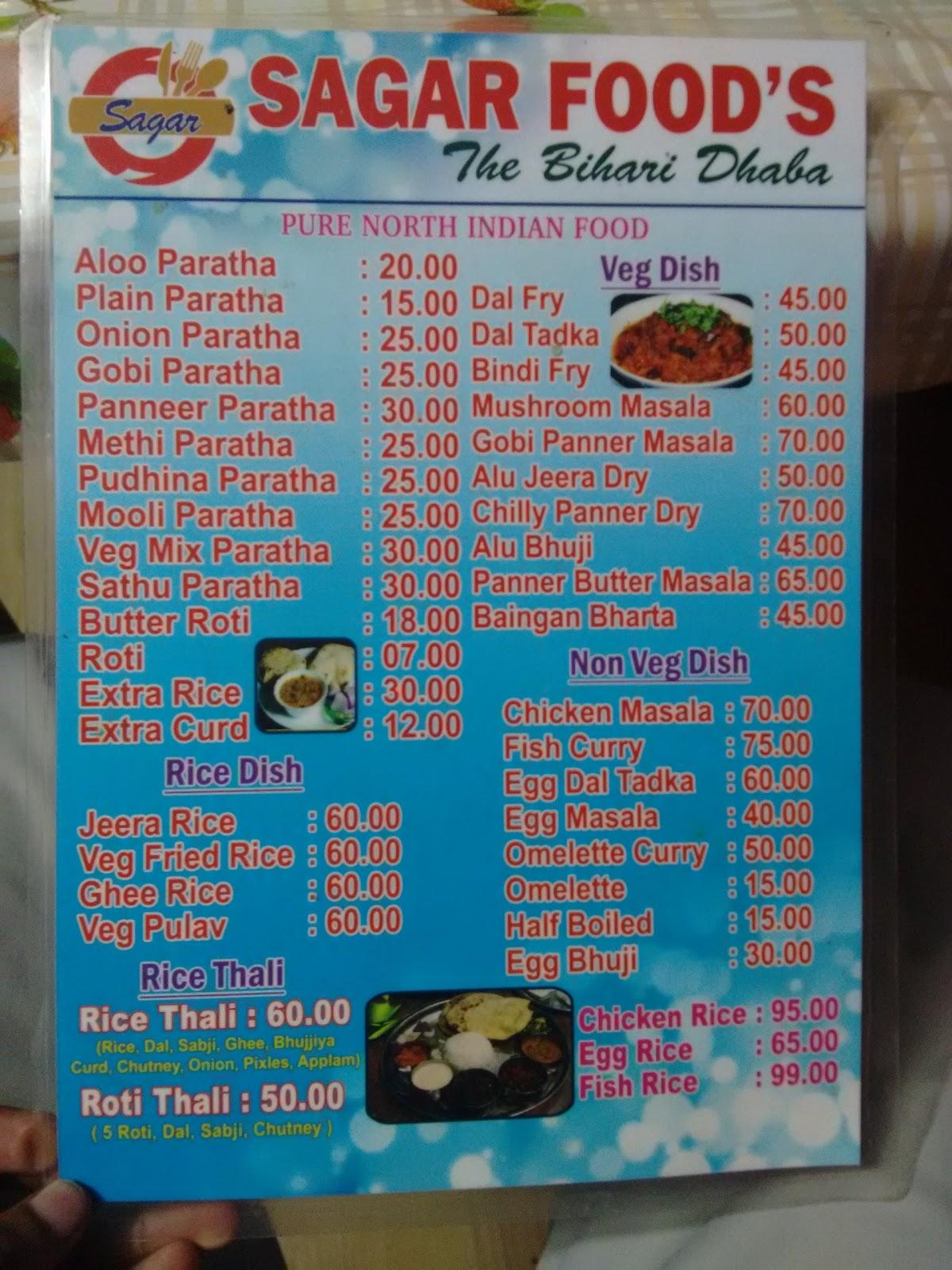 Menu at Sagar Foods, The Bihari Dhaba, Chennai