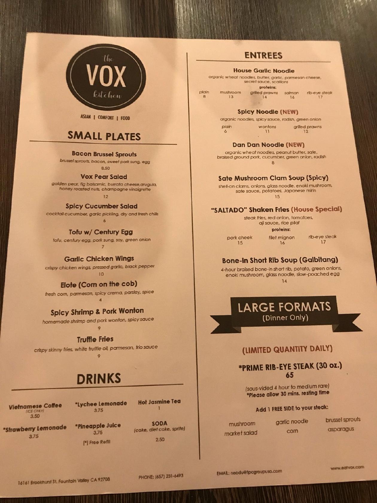 Menu at The Vox Kitchen restaurant, Fountain Valley