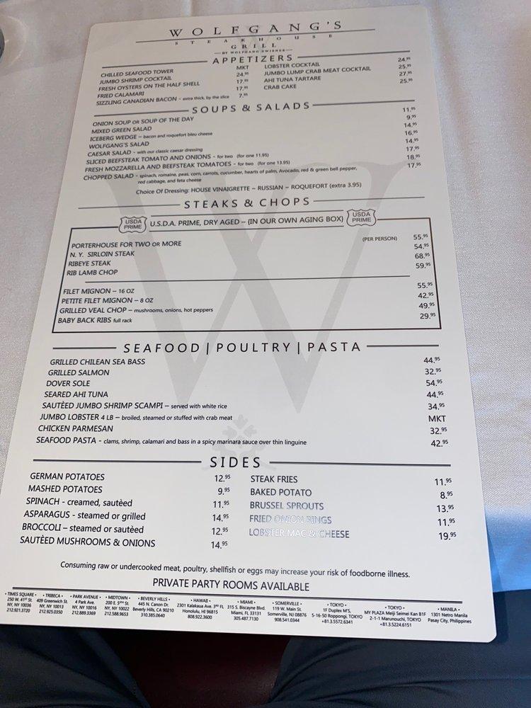 Menu at Wolfgang's Steakhouse, Somerville