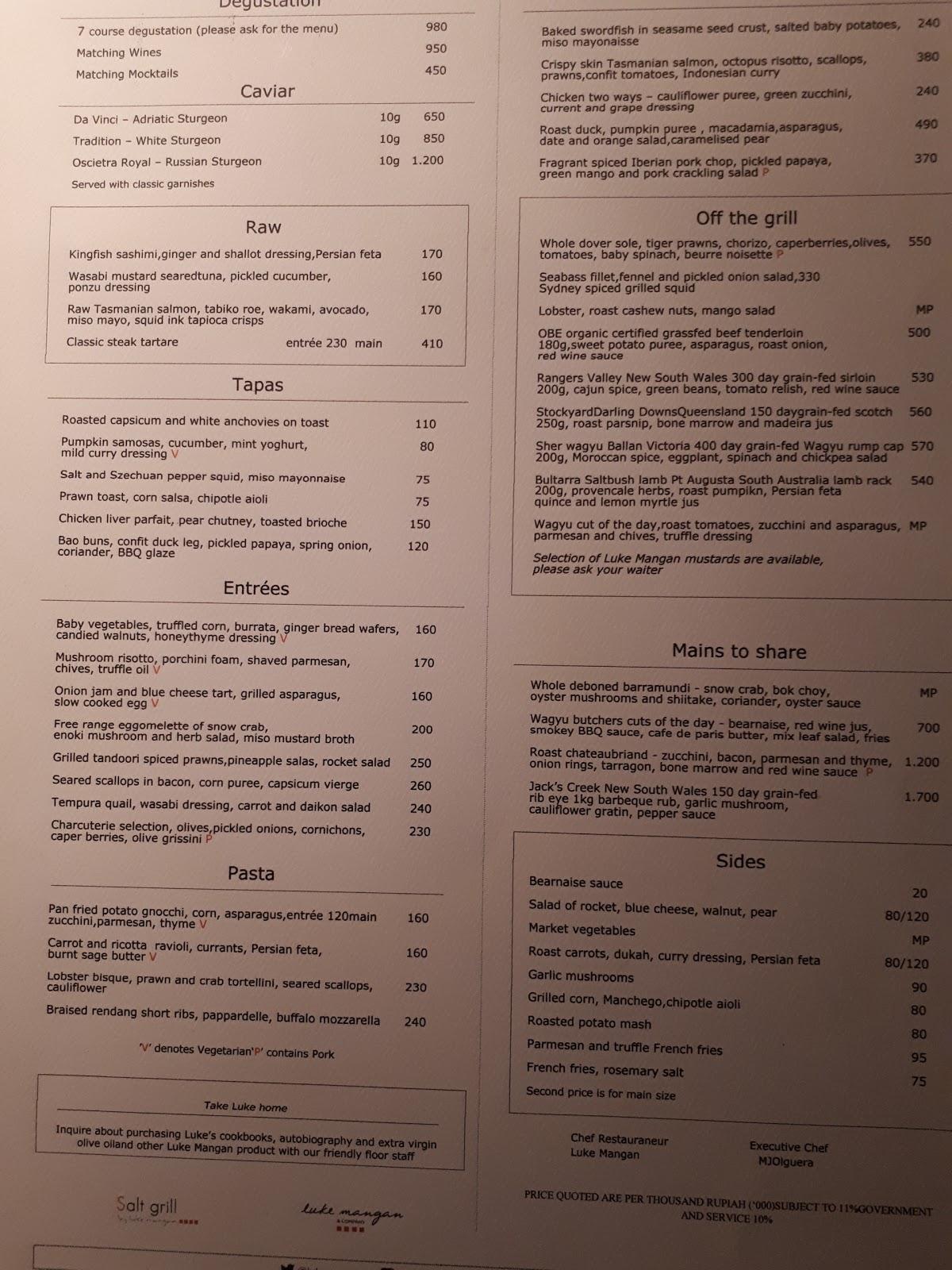 Menu at Altitude Grill steakhouse, Jakarta