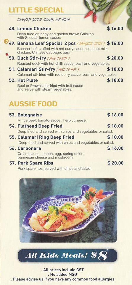 Menu at Little Thai House restaurant, Koroit