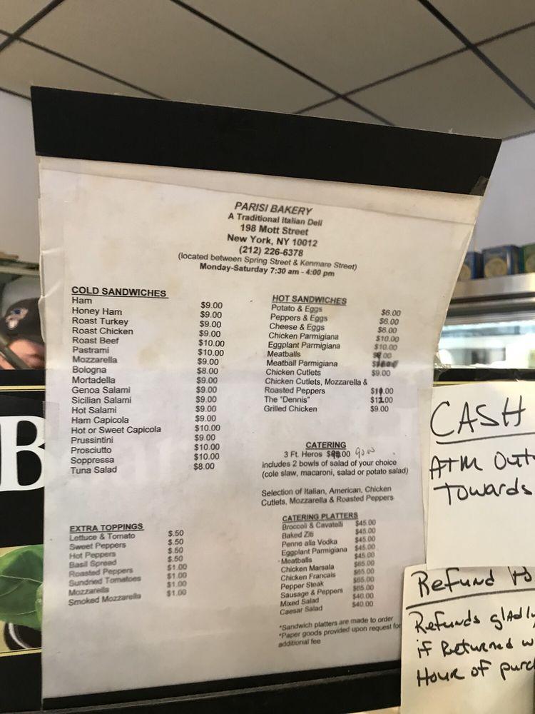Menu at Parisi Bakery & Deli, New York City, 198 Mott St