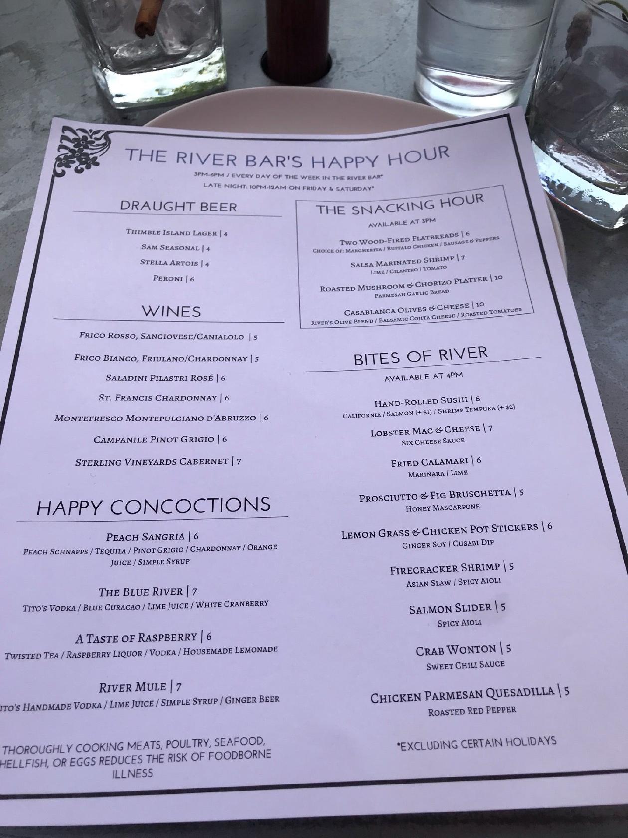 Menu at River: A Waterfront Restaurant and Bar, Wethersfield