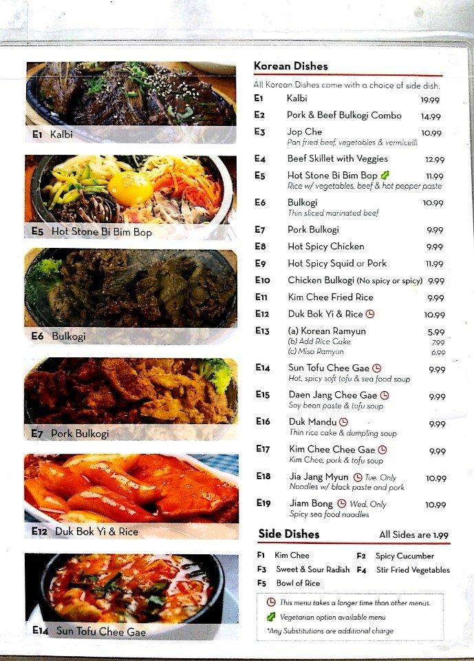 Menu at Seoul Korean Restaurant, Layton