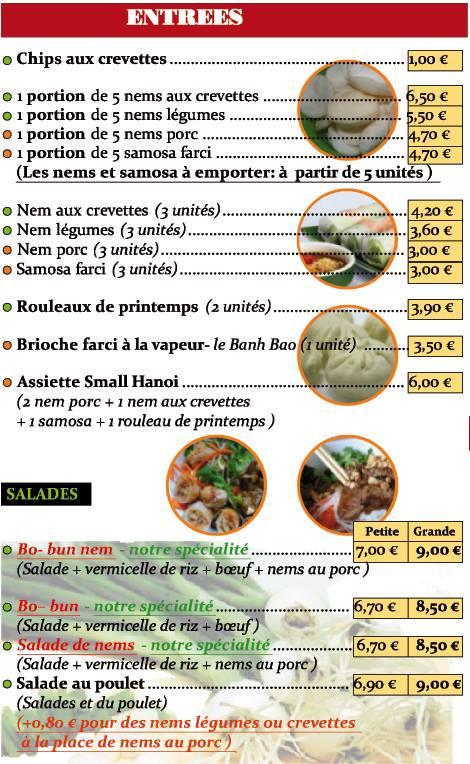 Menu at Small Hanoi restaurant, Toulouse