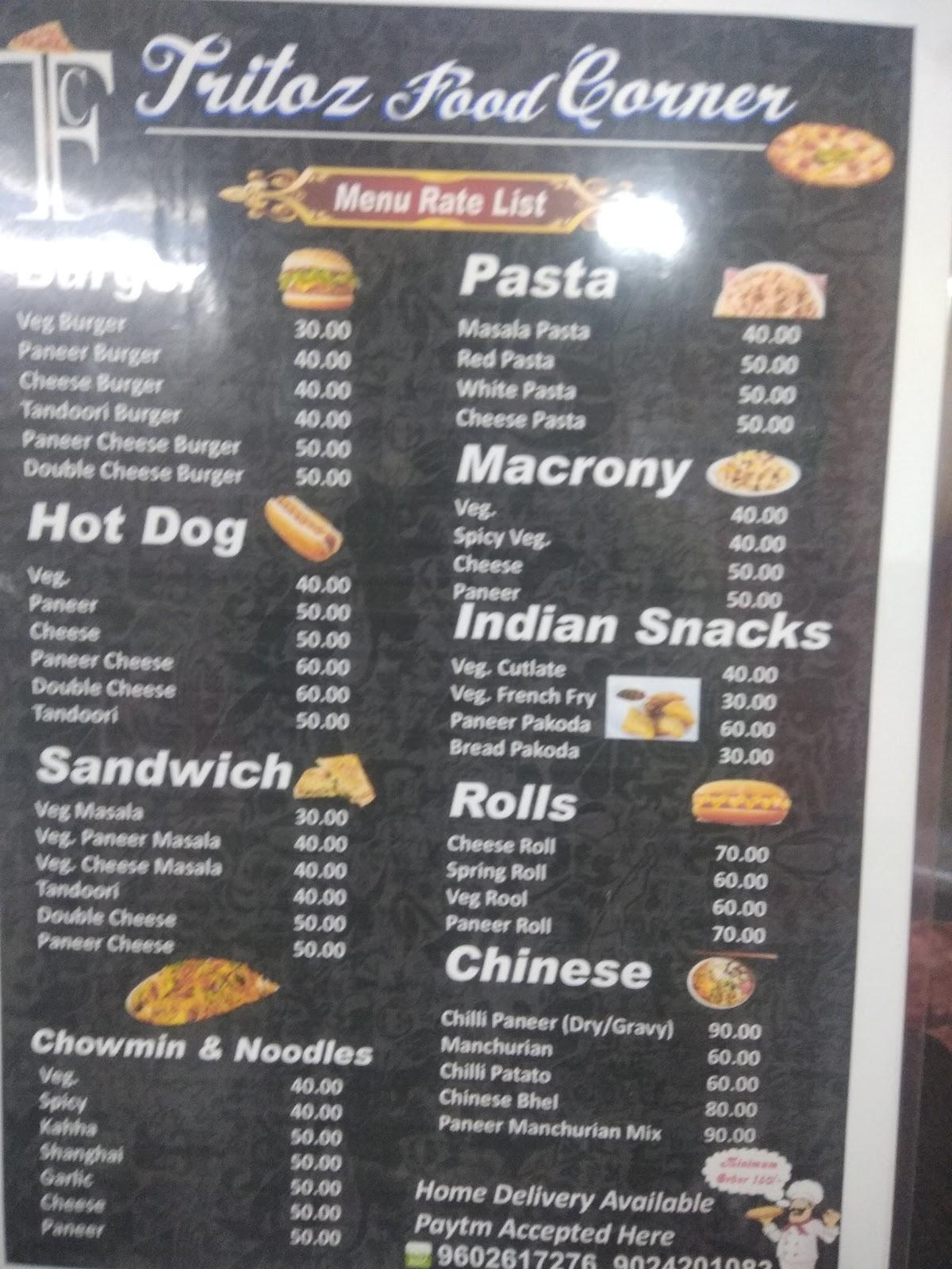 Menu at Tritoz Food Corner, Rawatbhata