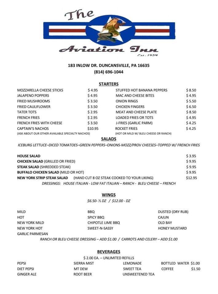 Menu at Aviation Inn restaurant, Duncansville