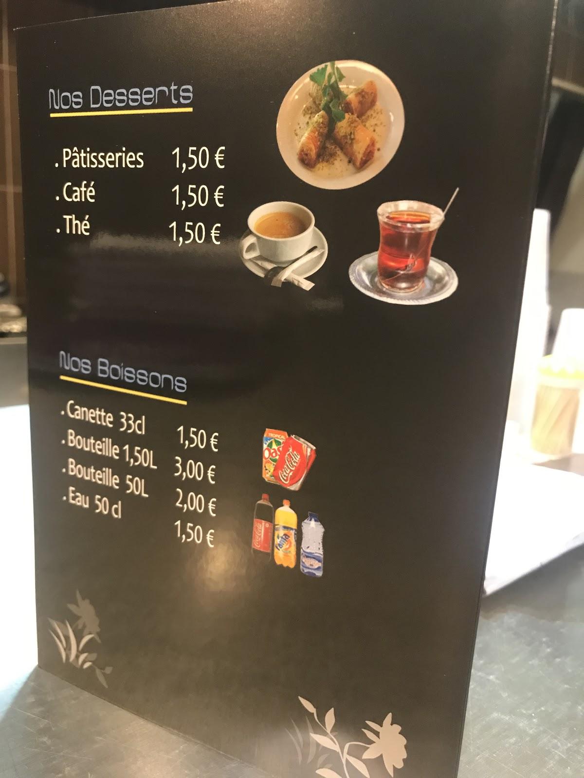Menu at Azadi Kebab restaurant, Lyon