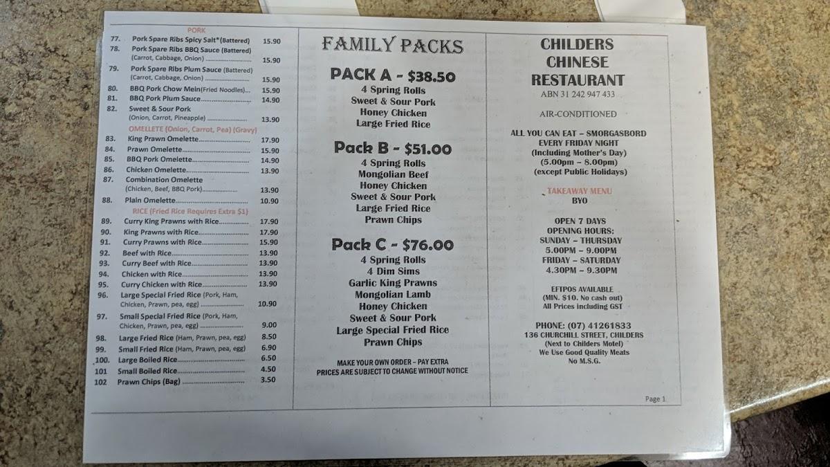 Menu at Motel Childers Chinese Restaurant, Childers