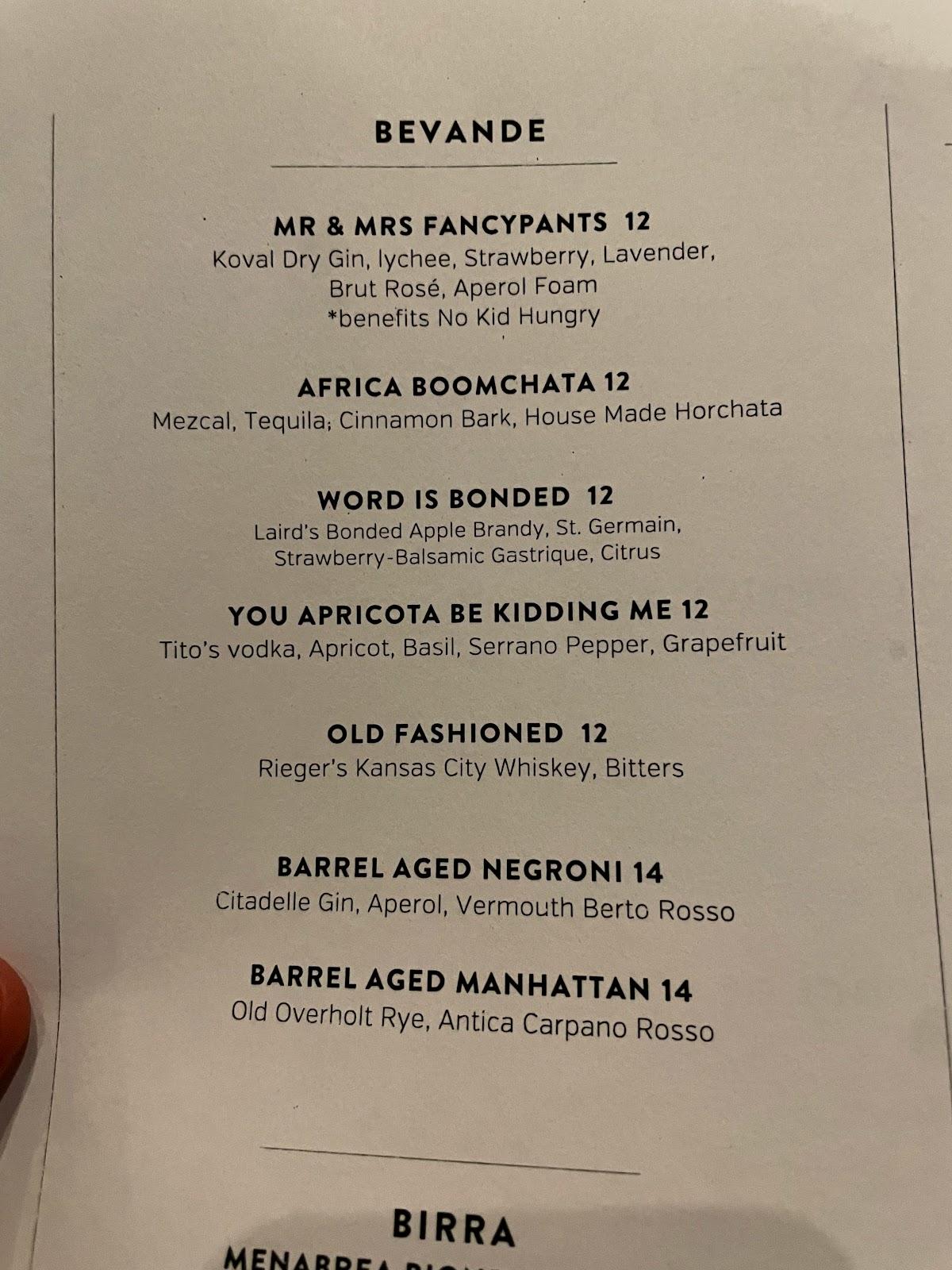 Menu at Farina restaurant, Kansas City