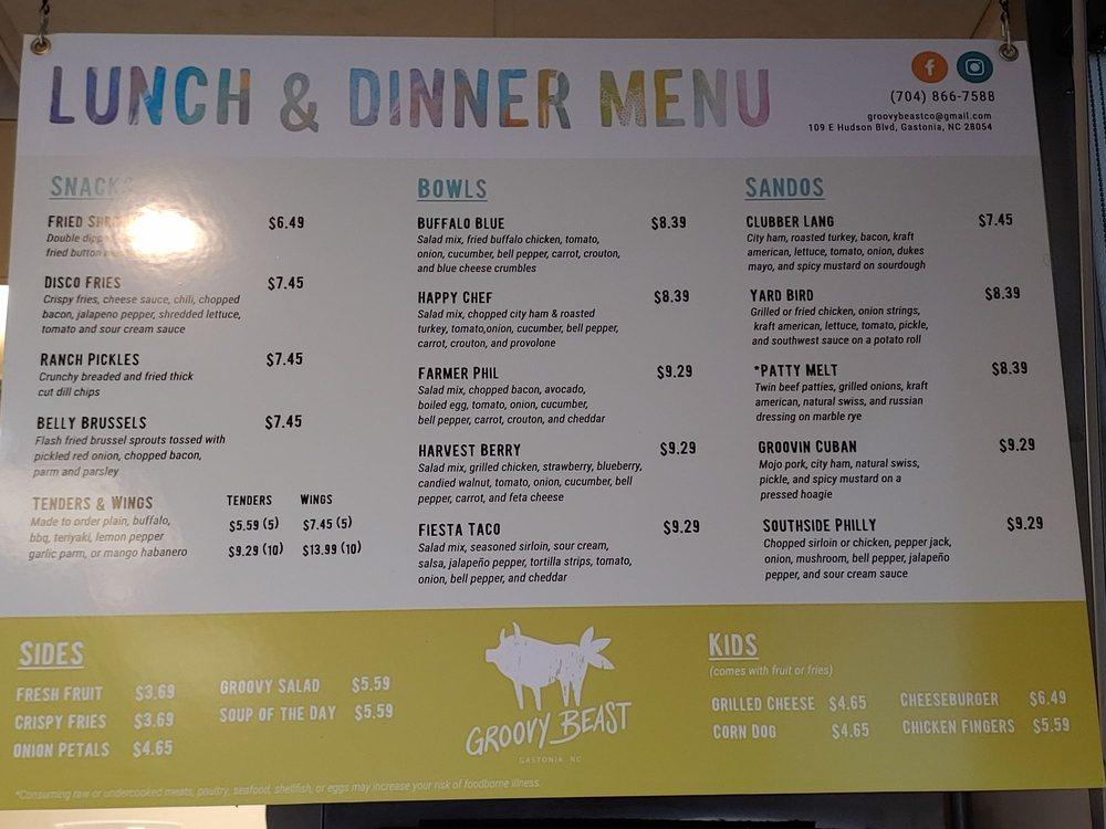 Menu at Groovy Beast restaurant, Gastonia