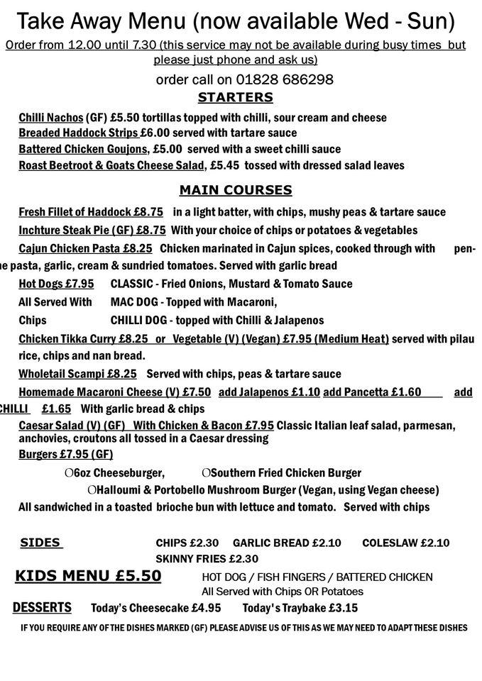 Menu at Inchture Hotel, Restaurant & Bar, Inchture