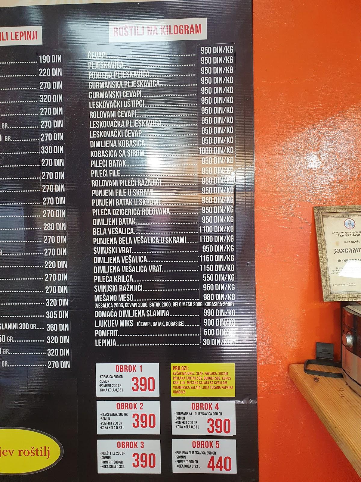 Menu at Ljuki's Barbecue, Belgrade