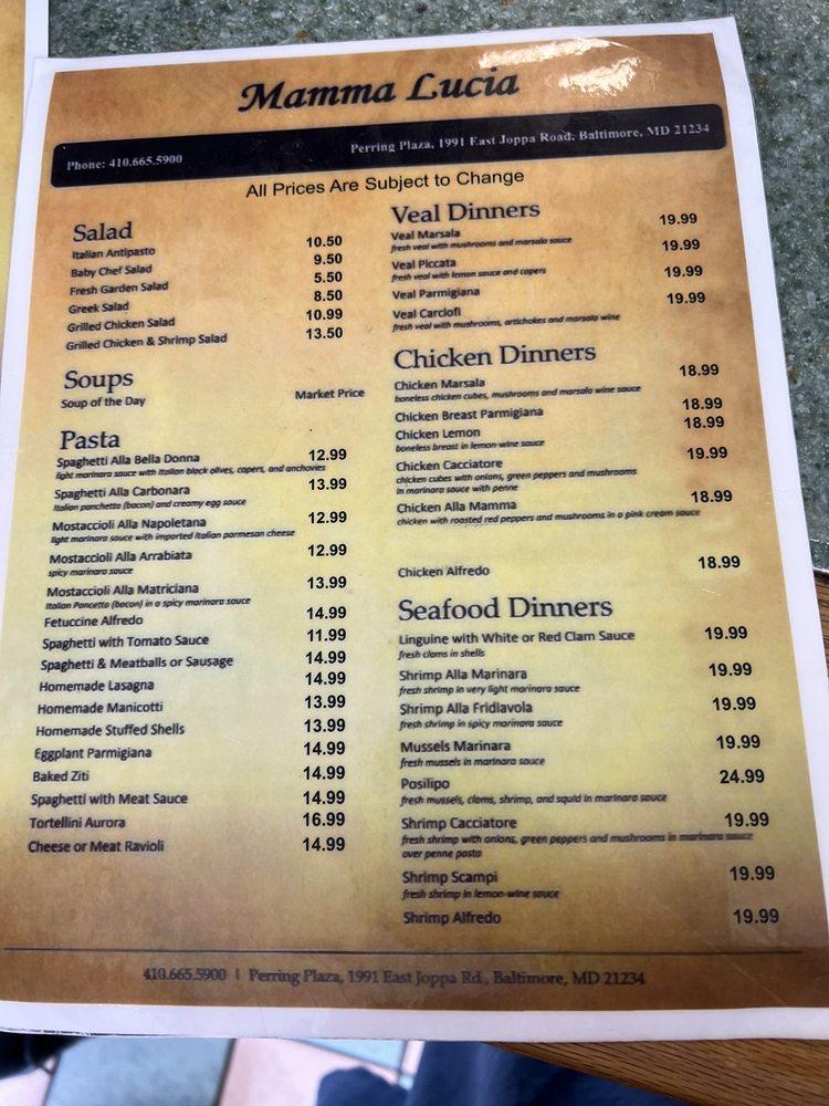Menu at Mamma Lucia restaurant, Parkville, E Joppa Rd