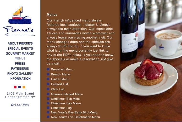 Menu at Pierre's restaurant, Bridgehampton