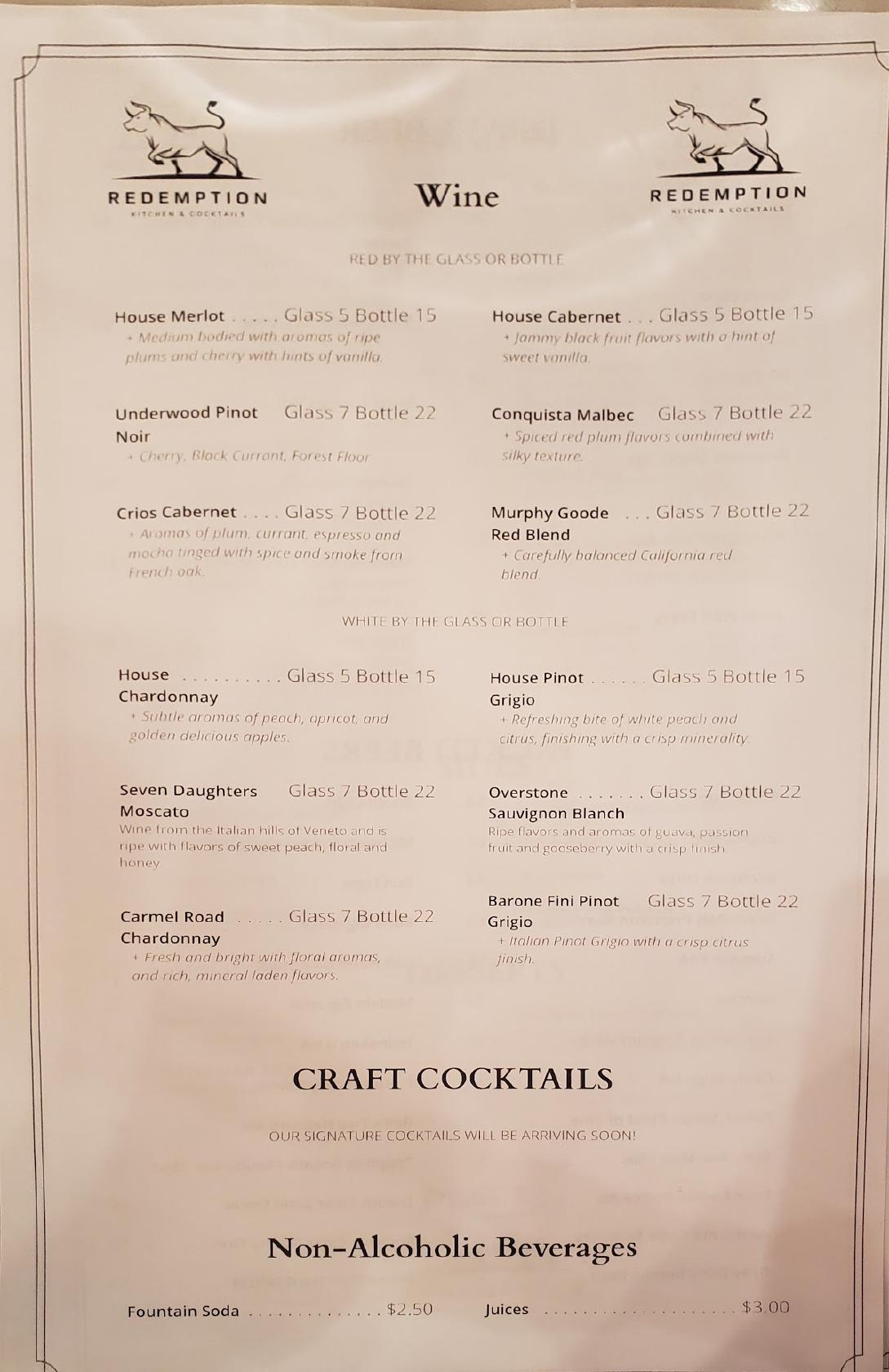 Menu at Redemption Restaurant, Faribault