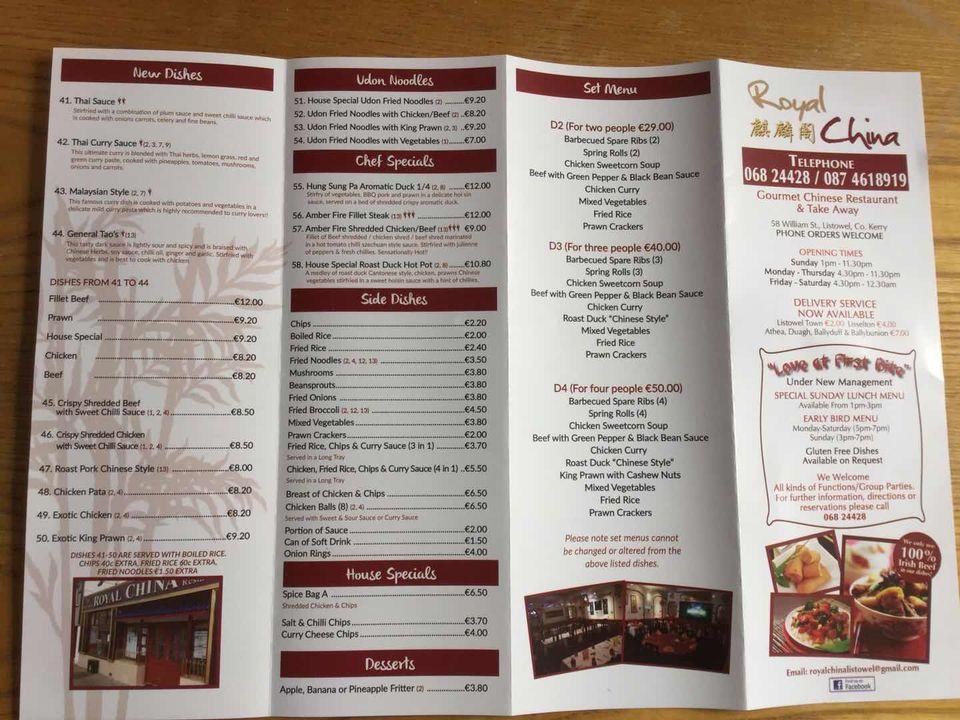 Menu at Royal China Restaurant, Listowel, 58 William Street Upper