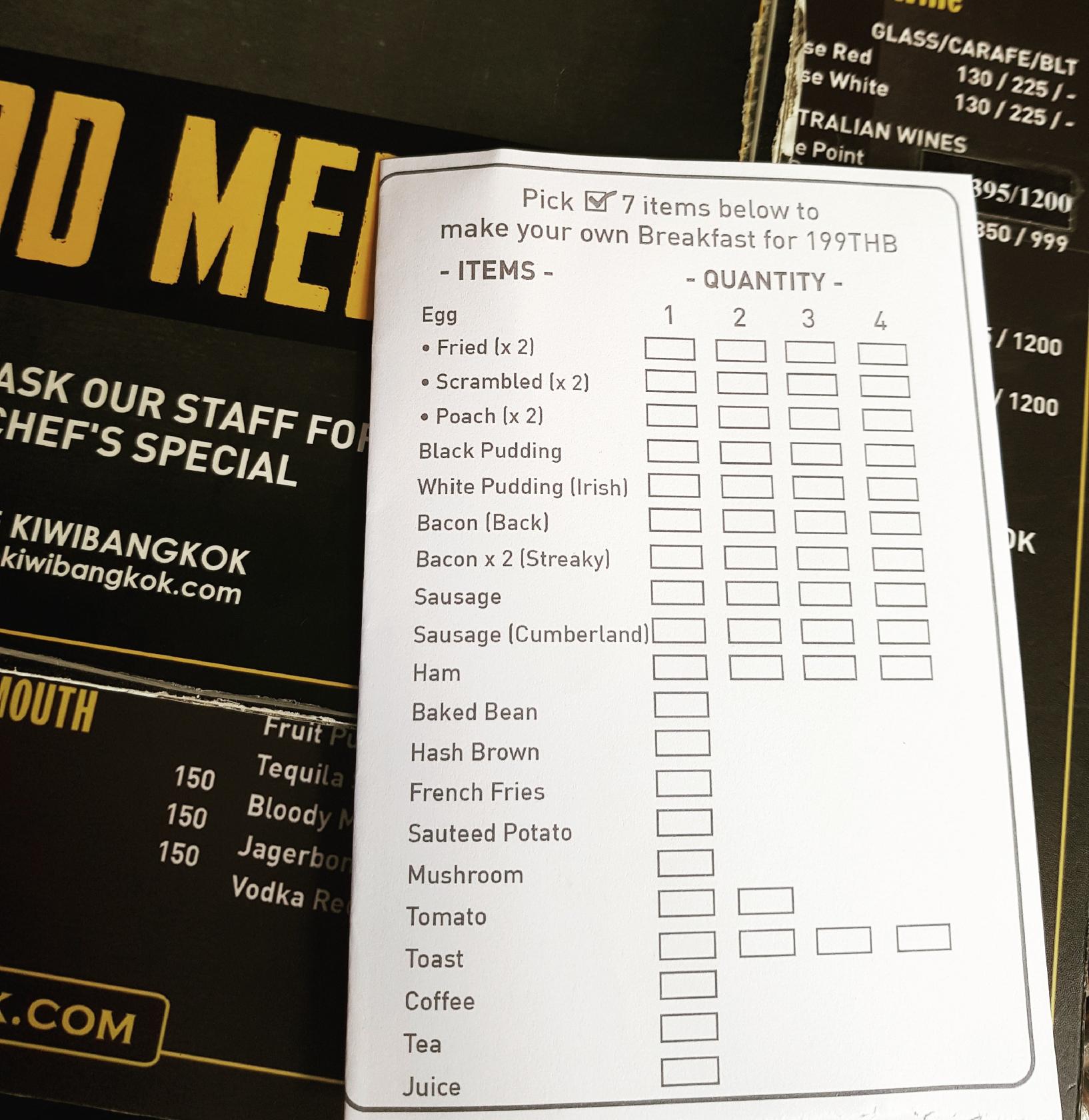 Menu at The Kiwi Sports Pub & Grill, Bangkok