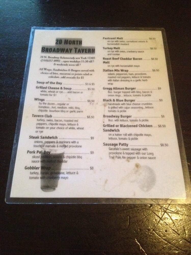 Menu at 20 North Broadway Tavern pub & bar, Schenectady