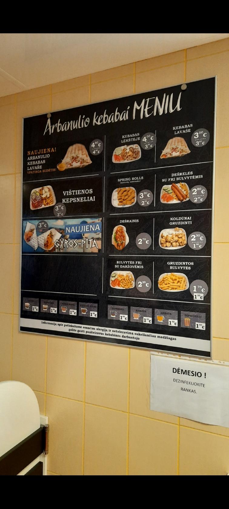 Menu at Arbanulio kebabai restaurant, Šiauliai