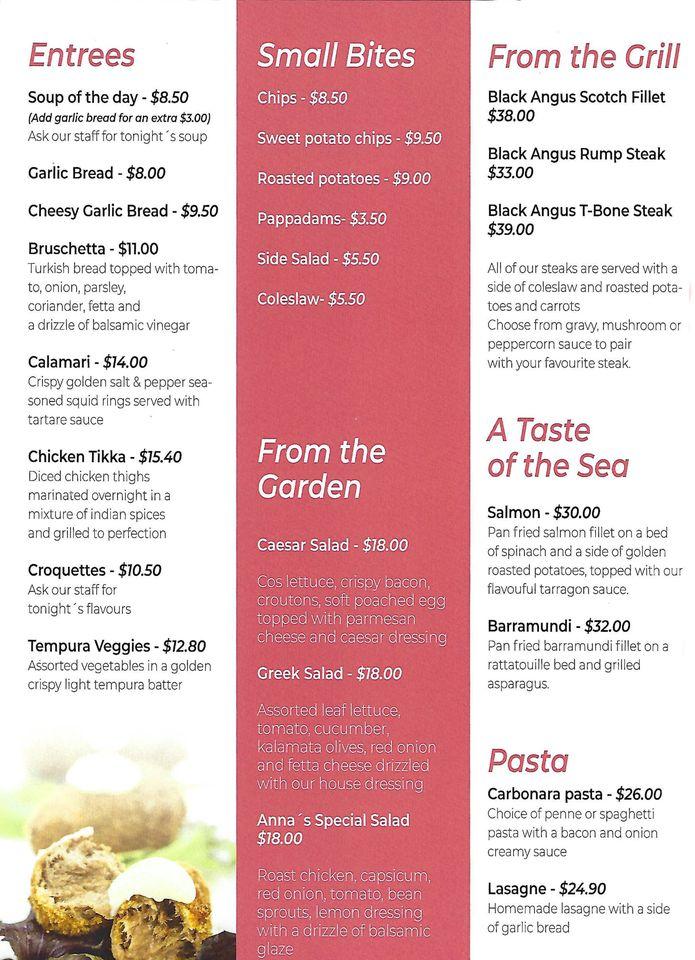 Menu at Anna's Restaurant, Tennant Creek