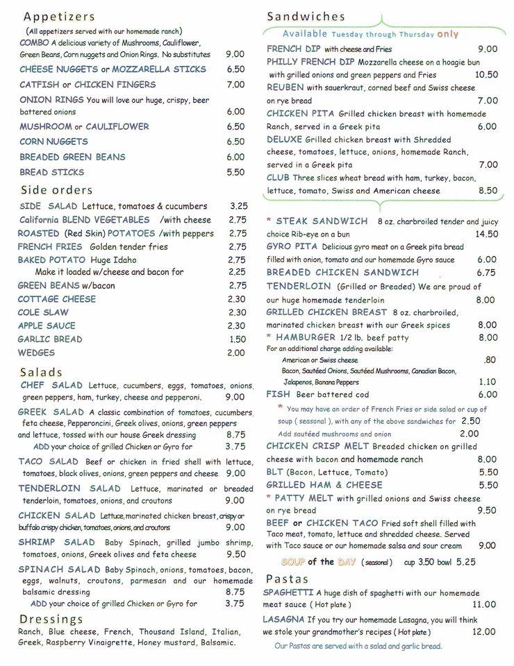 Menu at Costas Pizza & Steakhouse, Mount Pleasant